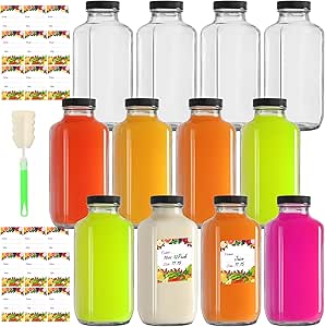 Amazon.com: EkkoVla 12 Pack 16 oz Glass Juice Bottles with Lids, Reusable Empty Drinking Jars ...