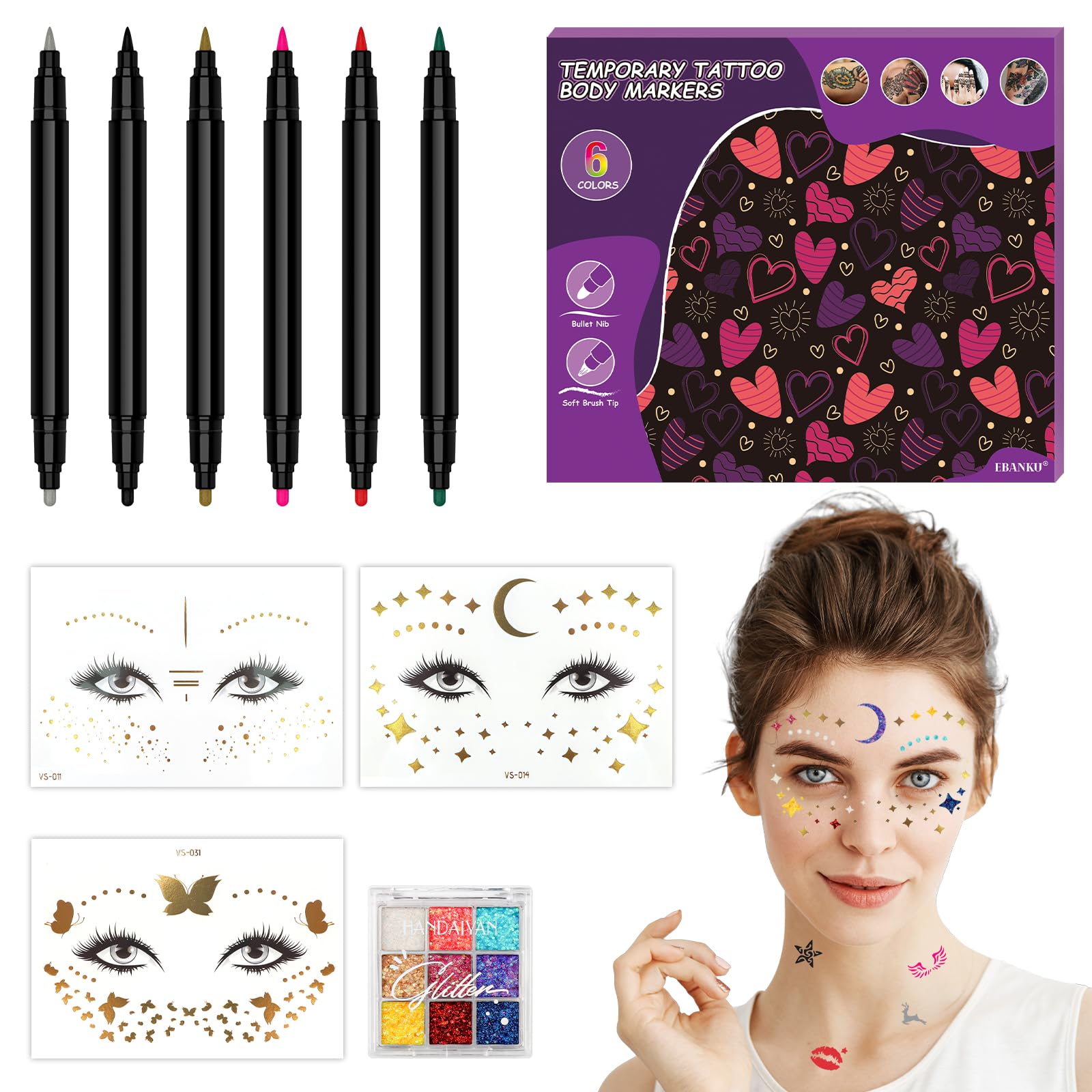 Amazon.com : EBANKU Temporary Tattoo Markers for Skin, 6-Count Dual-End ...