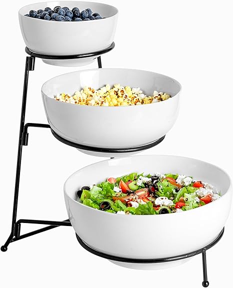 Amazon.com | XINLTC 3 Tier Ceramic Serving Bowl Set with Metal Rack, 3 ...