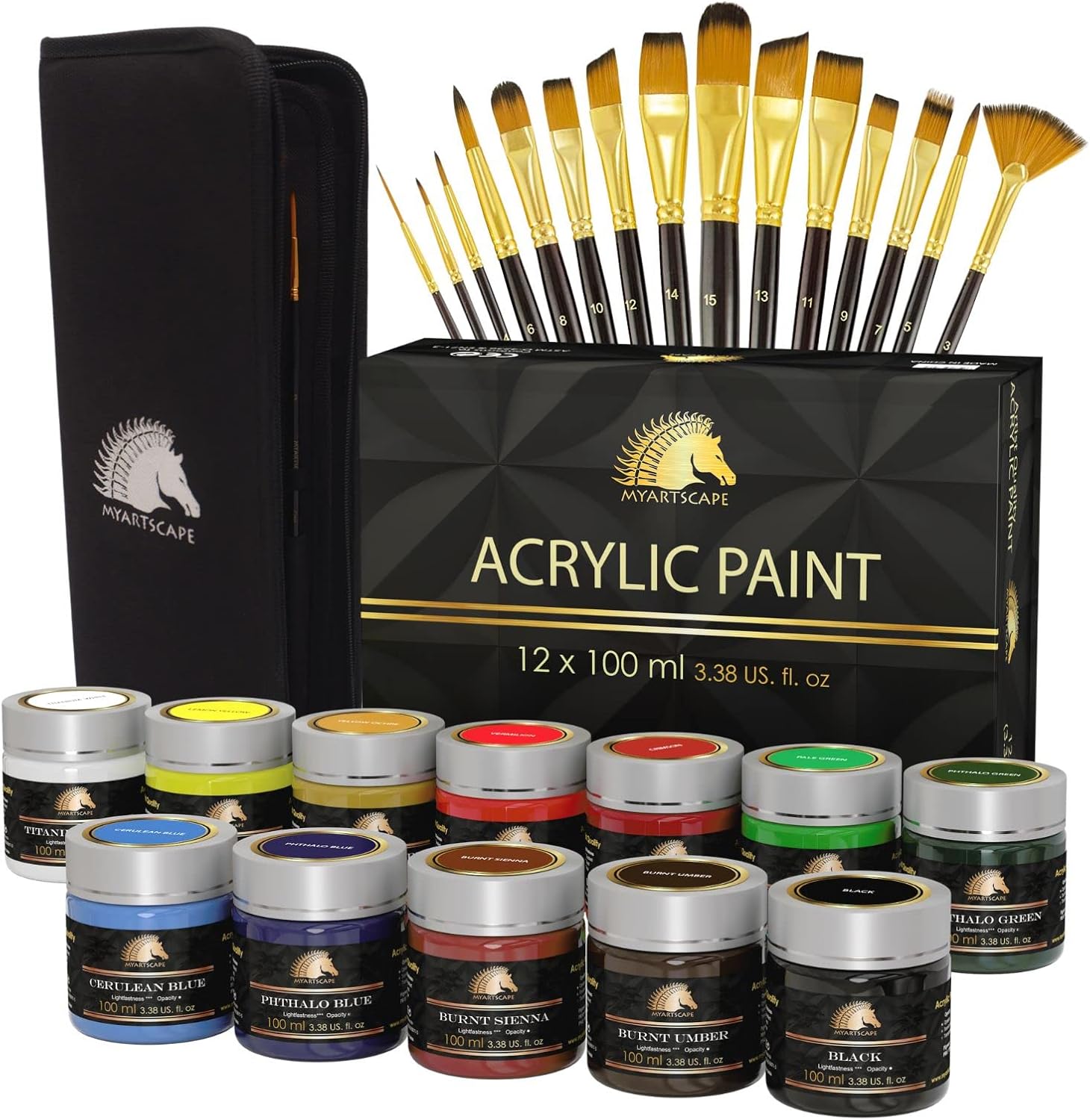 Amazon.com: MyArtscape Acrylic Paint Set - 12 x 100ml Bottles with 15 ...