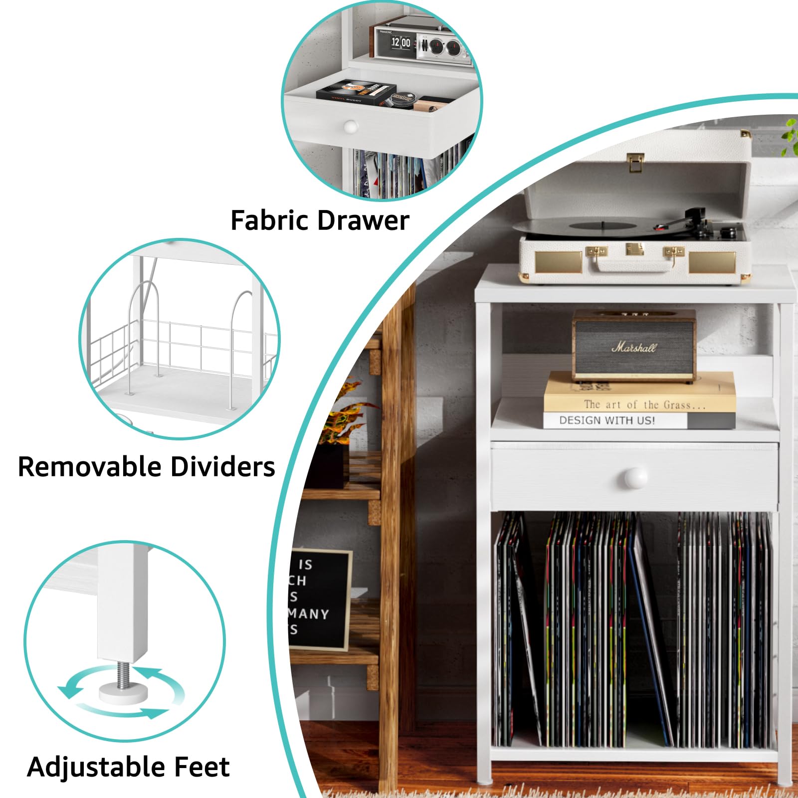 BOLUO White Record Player Stand with Vinyl Storage,Turntable Stand with ...