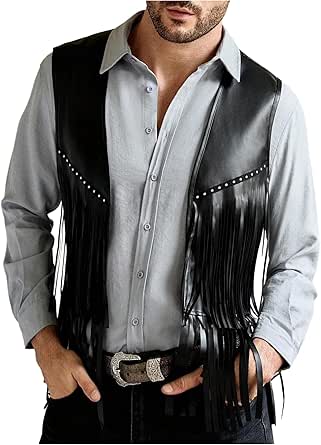 OYOANGLE Men's PU Leather Open Front Fringe Vest Boho Cowboy Western ...