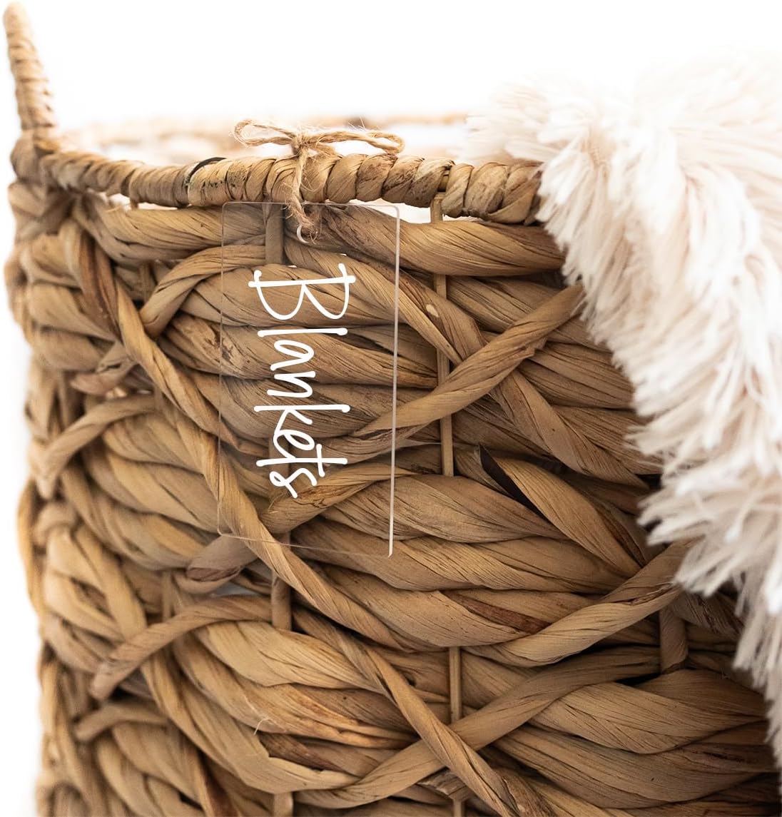 12 Clear Acrylic Basket Tags - Jute String Label Holders for Storage ...