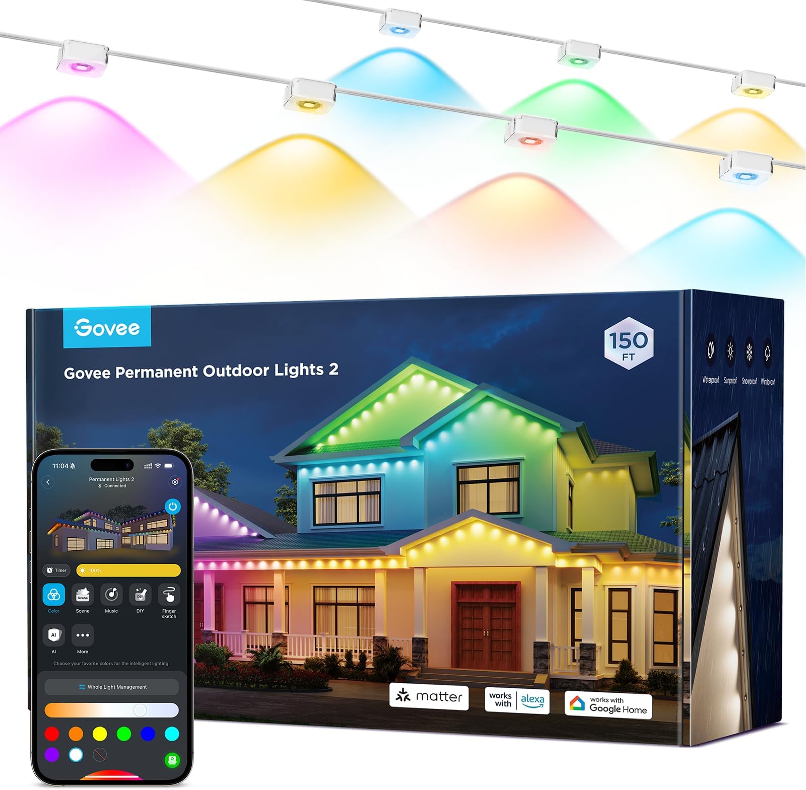 Govee Permanent Outdoor Lights 2, 150ft RGBIC Outdoor Lights with 108 ...