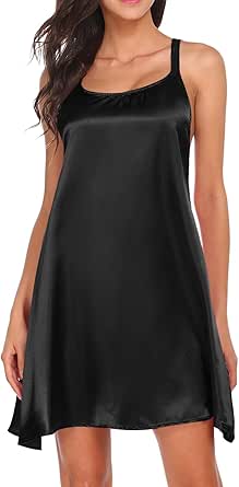 Pintimi Women Sexy Black Satin Lingerie Silk Nightgown Nightwear with G ...