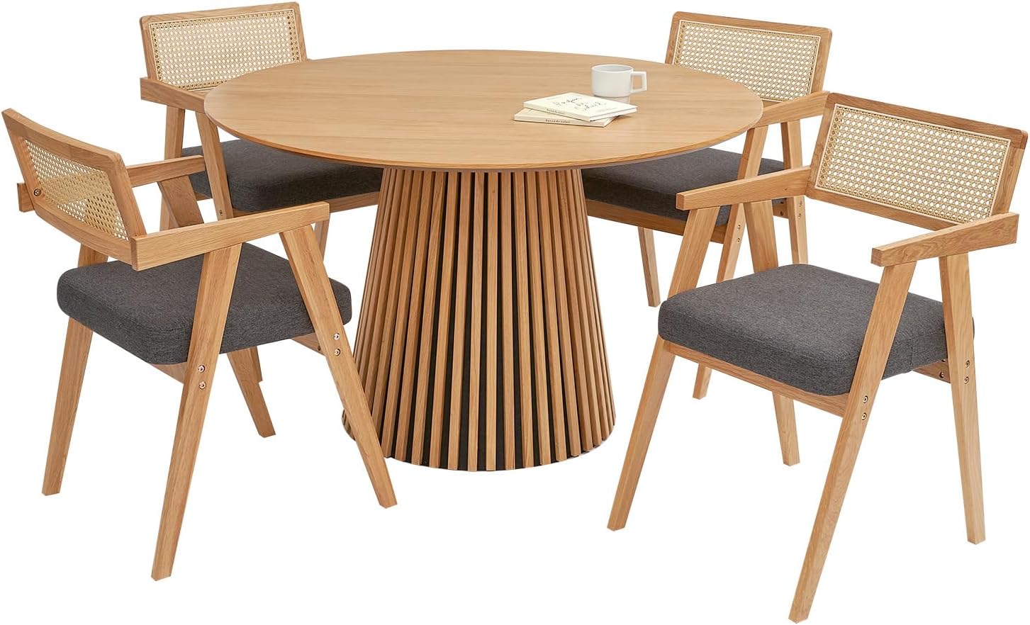 Amazon｜LOWYA ロウヤ ダイニングセット 4人掛け 5点セット 丸 ダイニングテーブル 直径120cm 4人用 ラタン調 木脚 円形テーブル ラタン調 グレー｜ダイニングセット ...