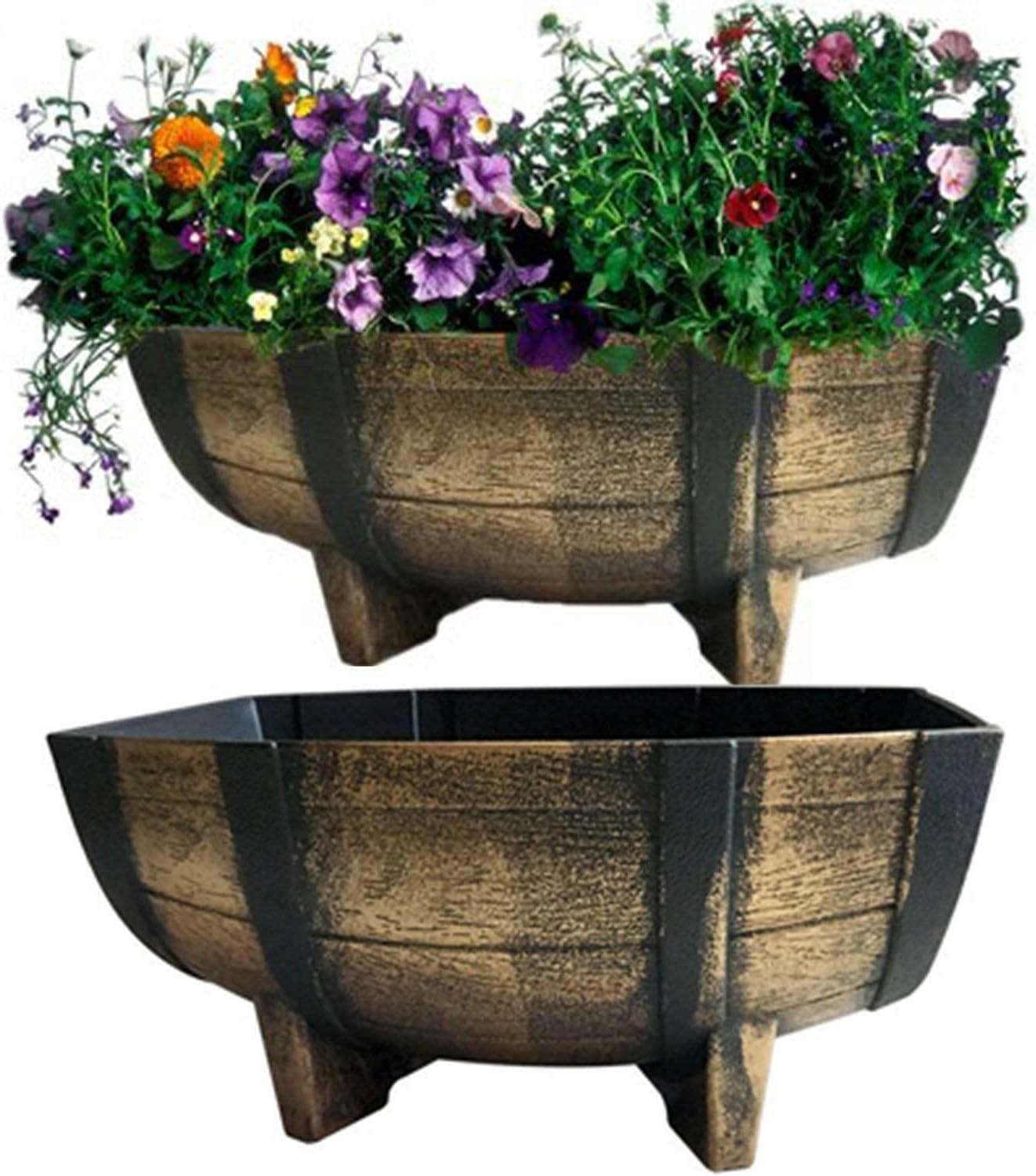 2pk Garden Half Barrel Flower Planter Pot Wooden Oak Effect Outdoor ...