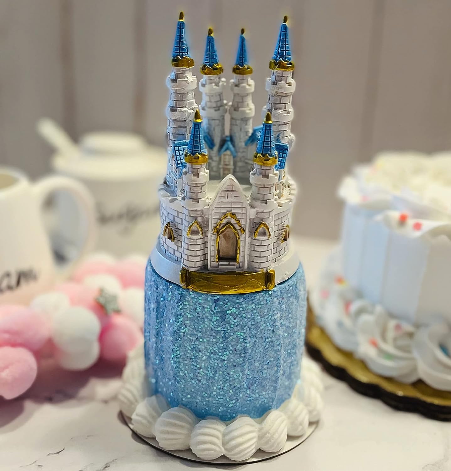 Amazon.com: Fake Mini Cake- Blue Glitter Princess Castle Topper on Fake ...