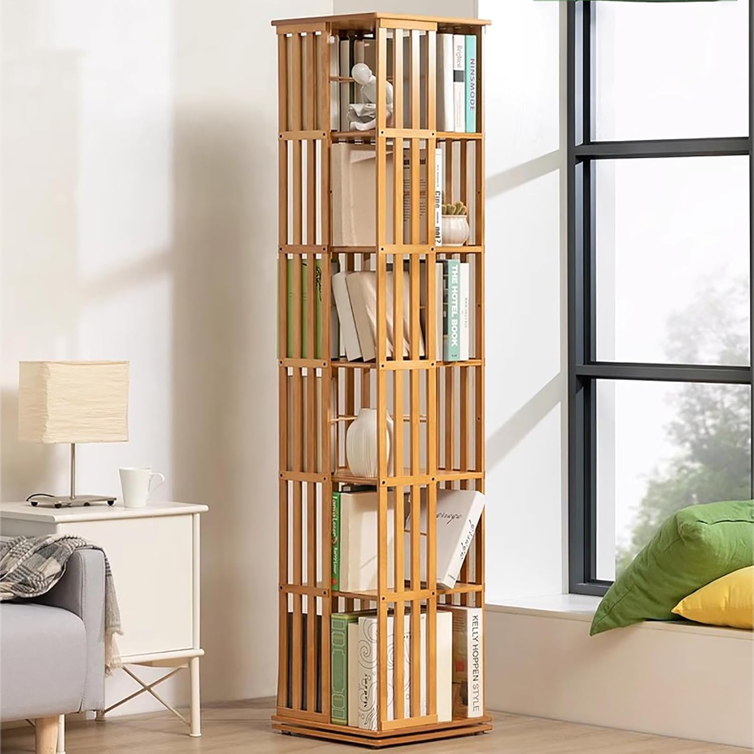Amazon.com: 360° Rotating Bookshelf Tower,Bamboo Revolving Bookcase ...