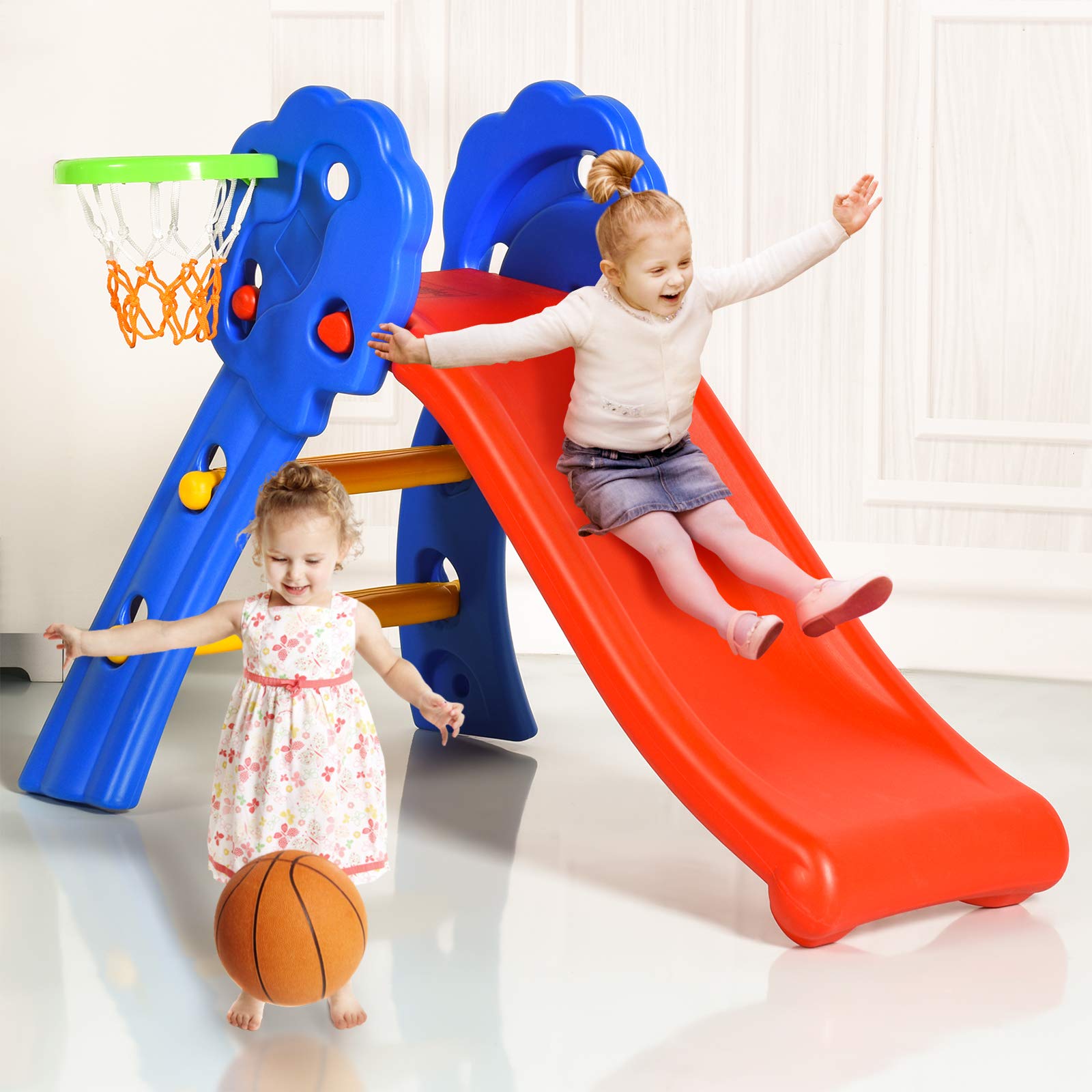 HONEY JOY Kids Slide with Basketball Hoop, 2 in 1 Foldable Slide and ...