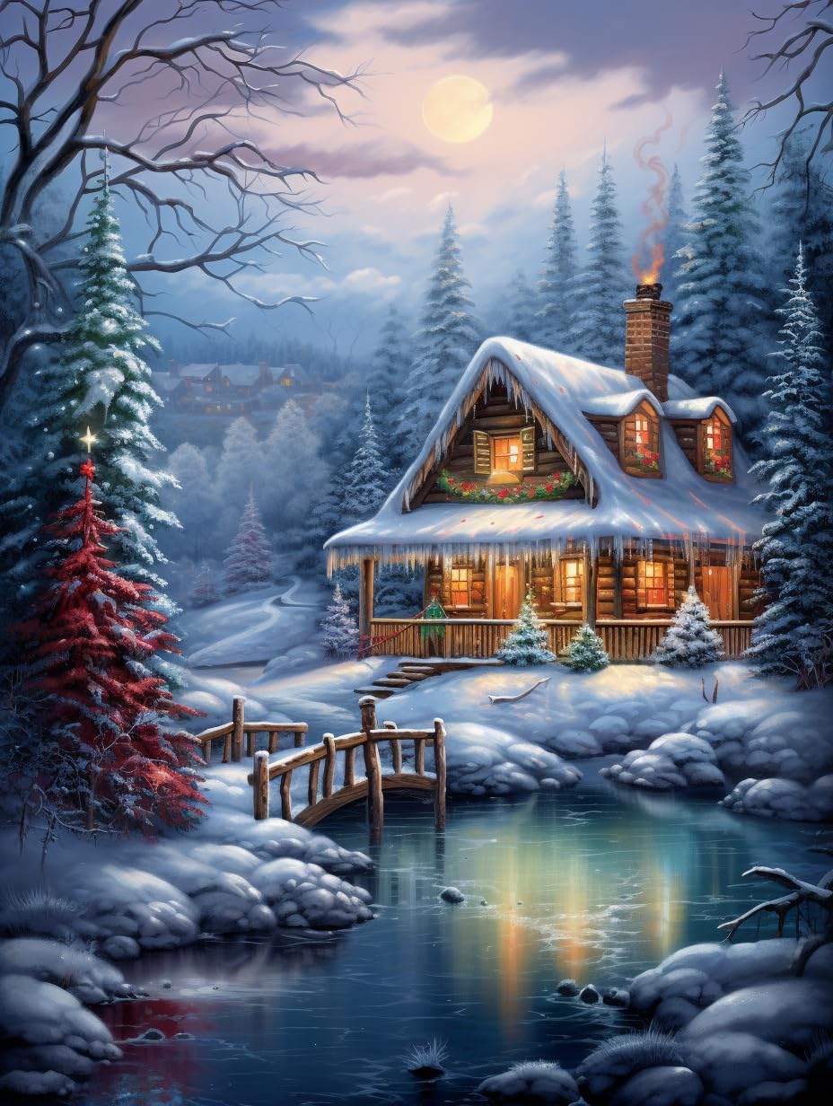 Amazon.com: Christmas Cabin Snow Scene（5） 5D Adult Diamond Art,DIY ...