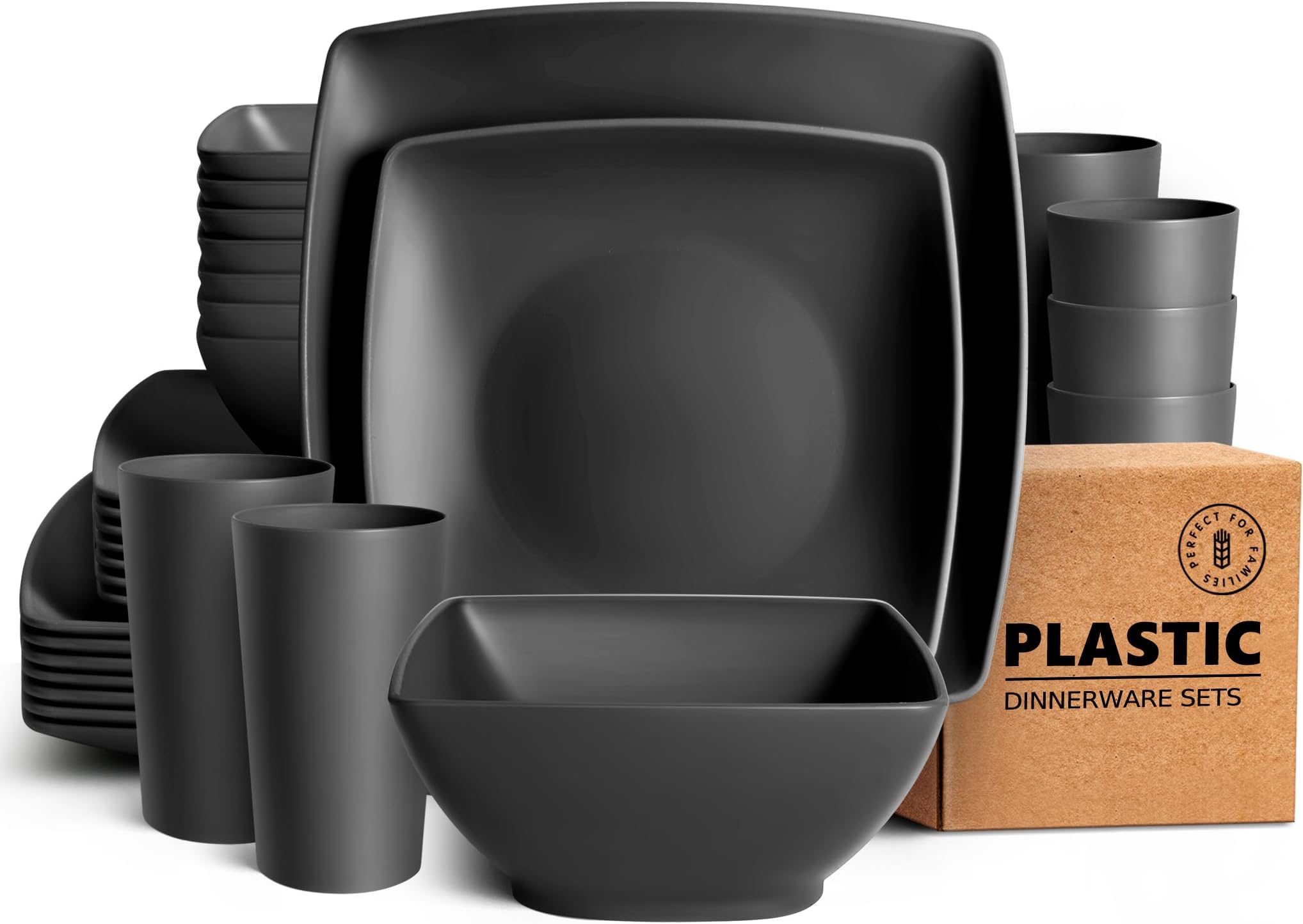 Teivio 16-Piece Kitchen Reusable Plastic Square Dinner Set, Service for ...