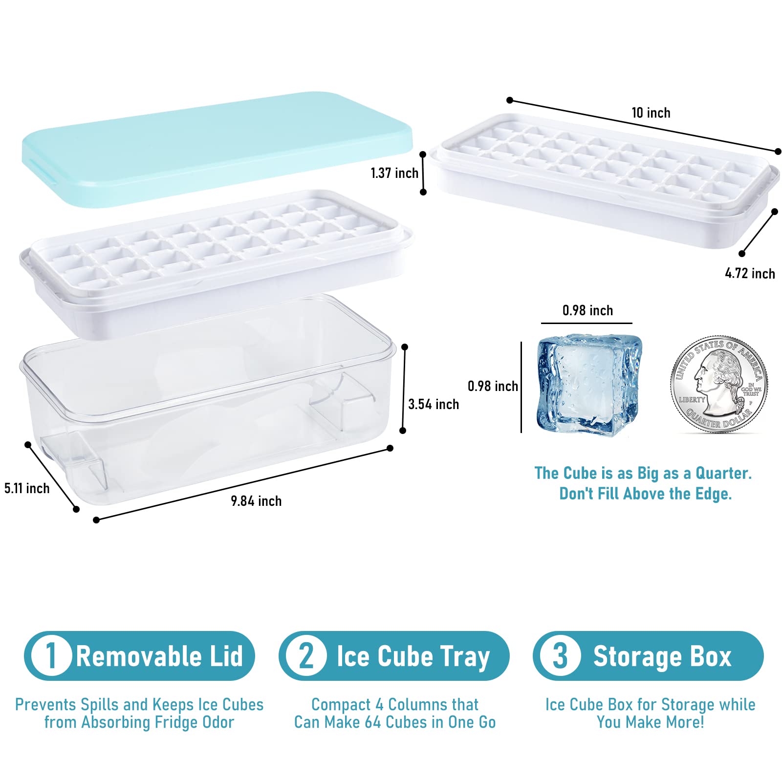 Qoosea Ice Cube Tray with Lid and Bin 2 Trays 64 pcs Silicone Ice Cube ...