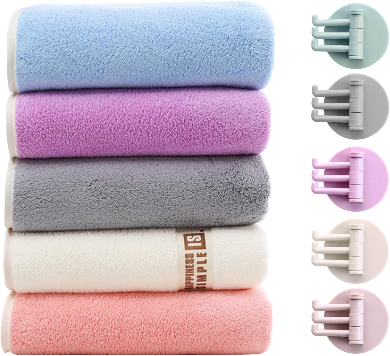 Ailelan Coral Fleece Small Hand Towels with 5 Towel Hooks, 50x25CM ...