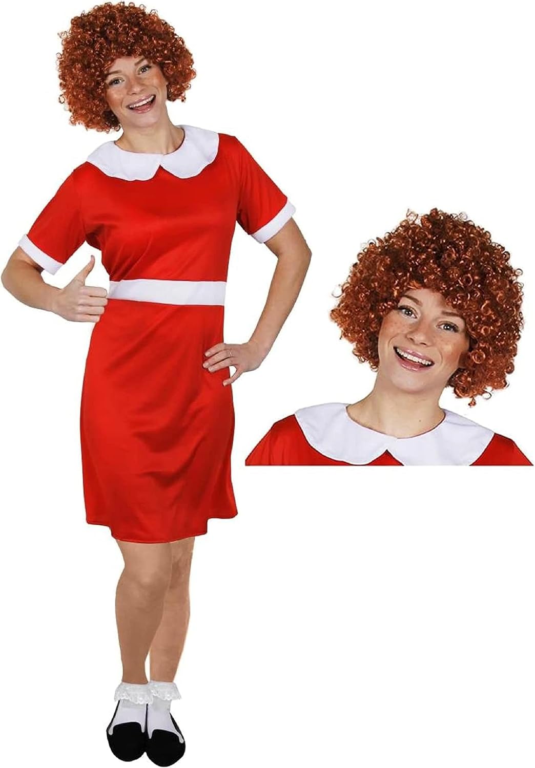 ADULTS ORPHAN GIRL FANCY DRESS COSTUME - RED DRESS & CURLY GINGER WIG ...