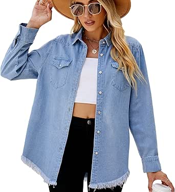 YAOSI YAOSI Women's Distressed Denim Shirt Chambray Collared Jean Shirts Long Sleeve Button Down ...