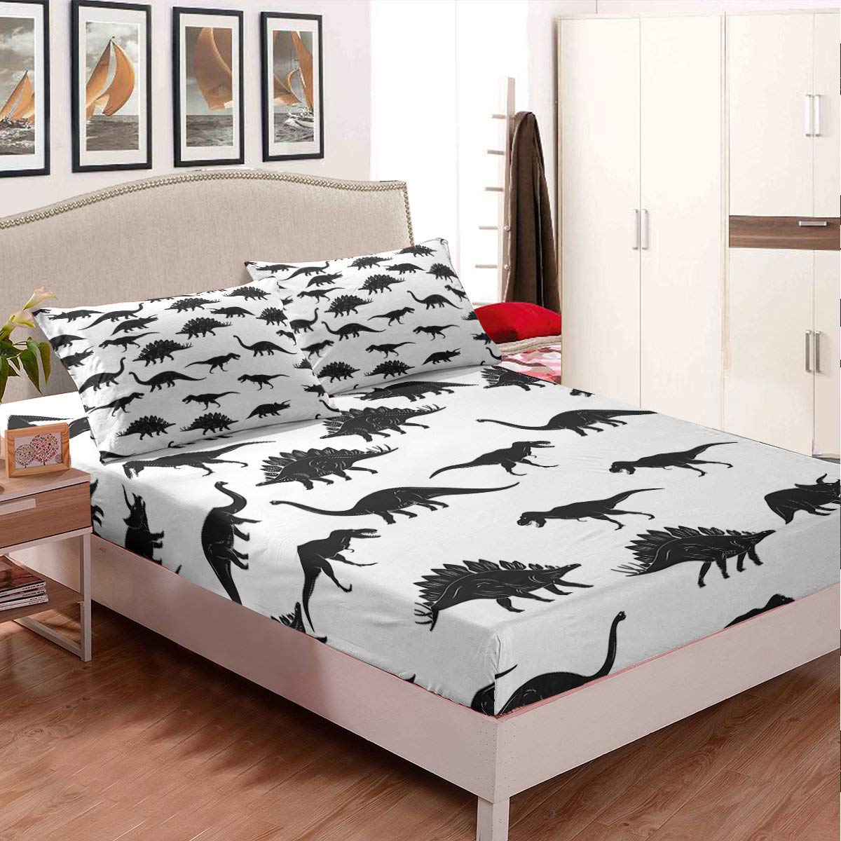 Amazon.com: Dinosaur Fitted Sheet Deep Pocket Dino Silhouettes Jurassic ...