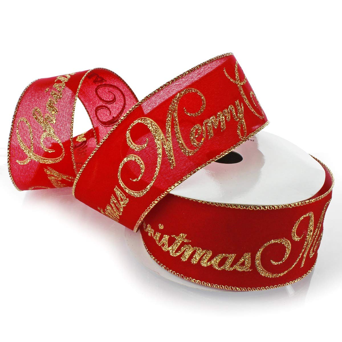 Amazon.com: Ribbon Traditions Gold Glitter Merry Christmas Red Wired ...