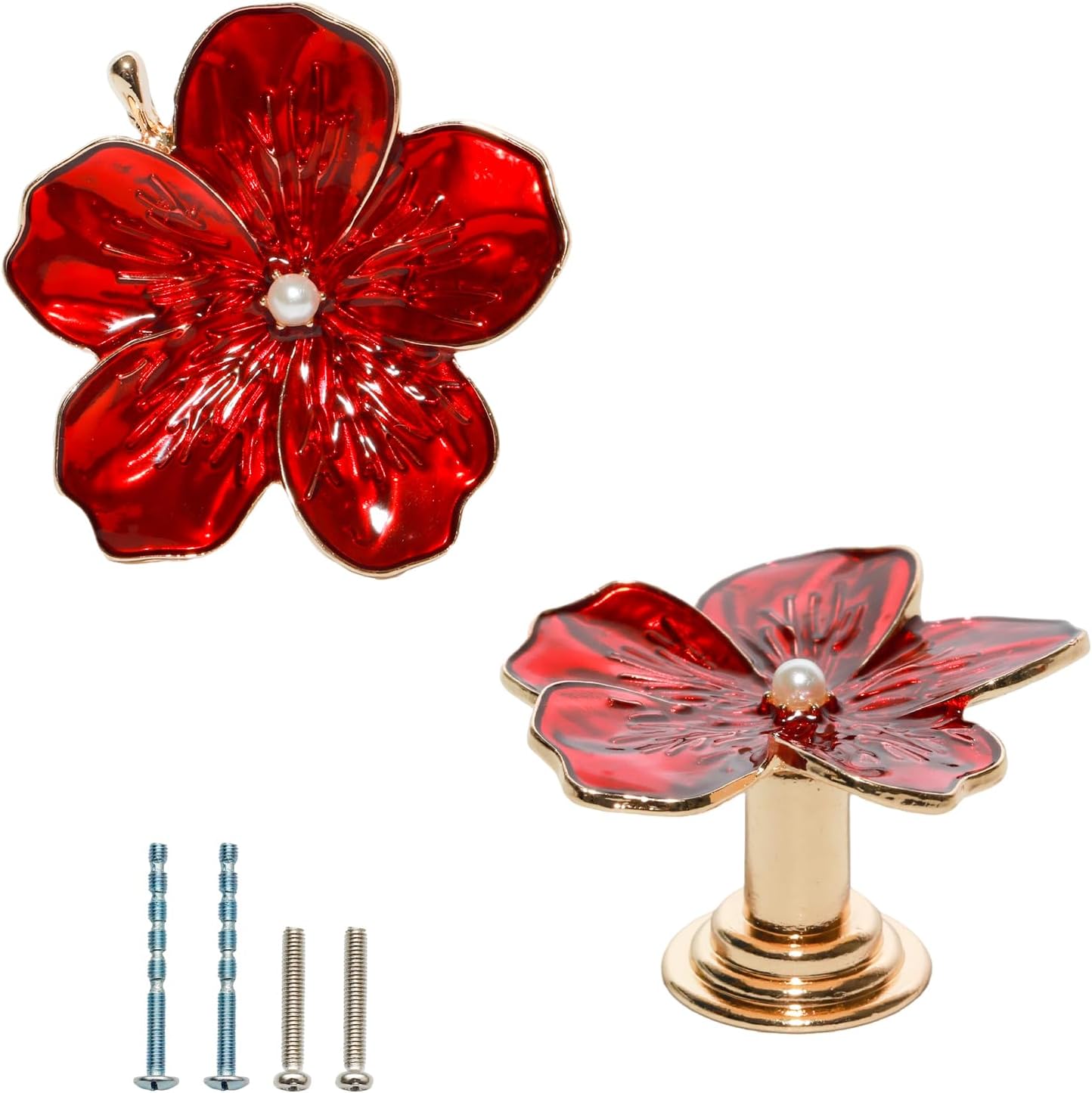 JAKOUE 2 PCS RED Flower Knobs(Five-petaled) for Dresser Drawers,Decorative knobs with 2 Kind ...