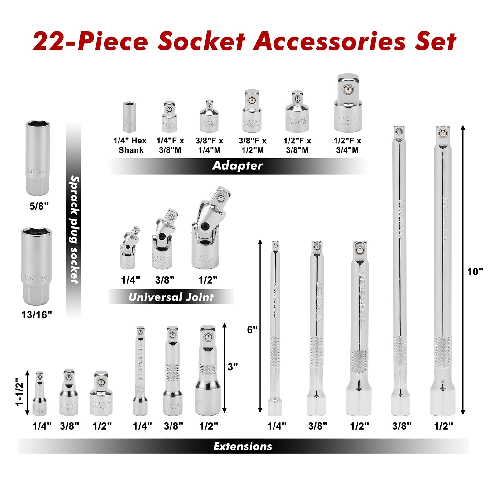 CASOMAN 22-Piece Drive Tool Accessory Set, 1/4-inch, 3/8-inch,1/2-inch ...