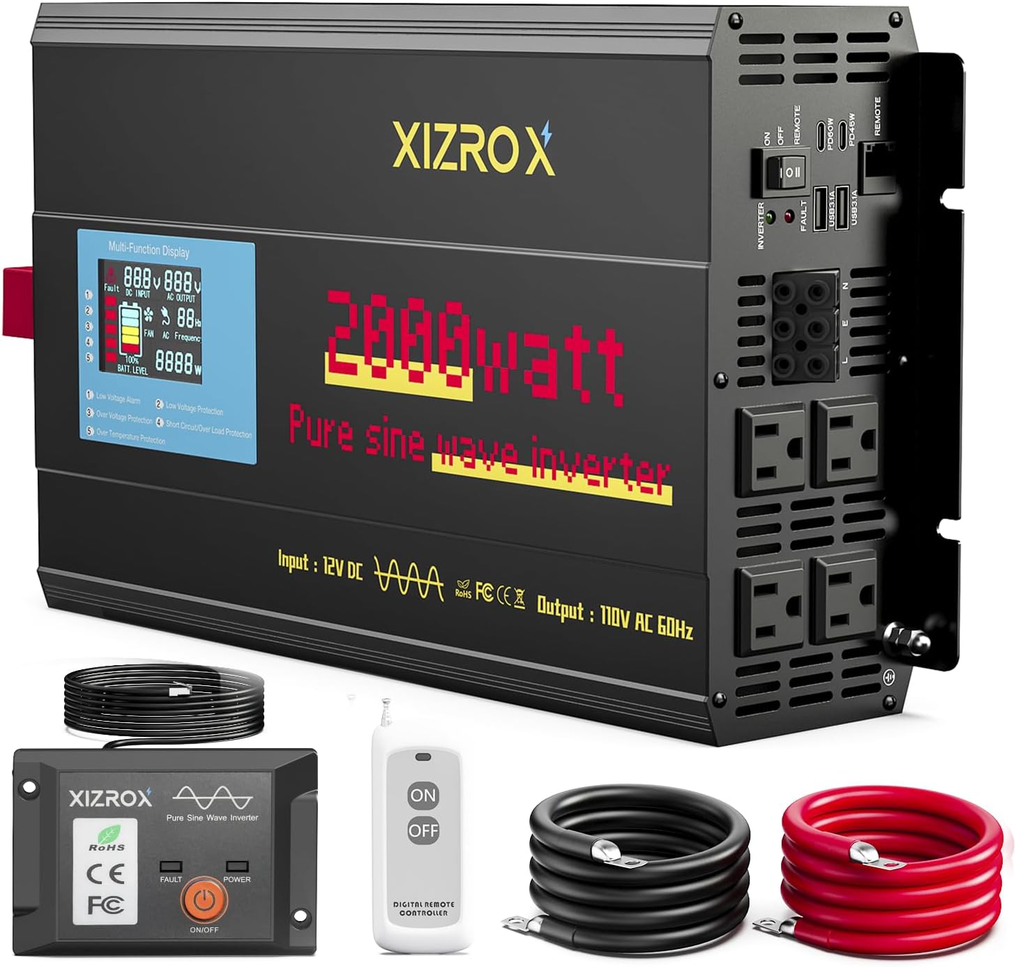 Amazon.com: 2000W Pure Sine Wave Inverter, 12V DC to 110/120V AC, 9 ...