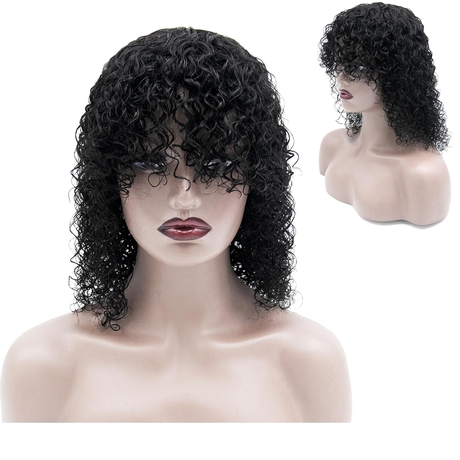 Amazon.com : 12 Inch Curly Human Hair Wigs with Bangs 150% Density ...