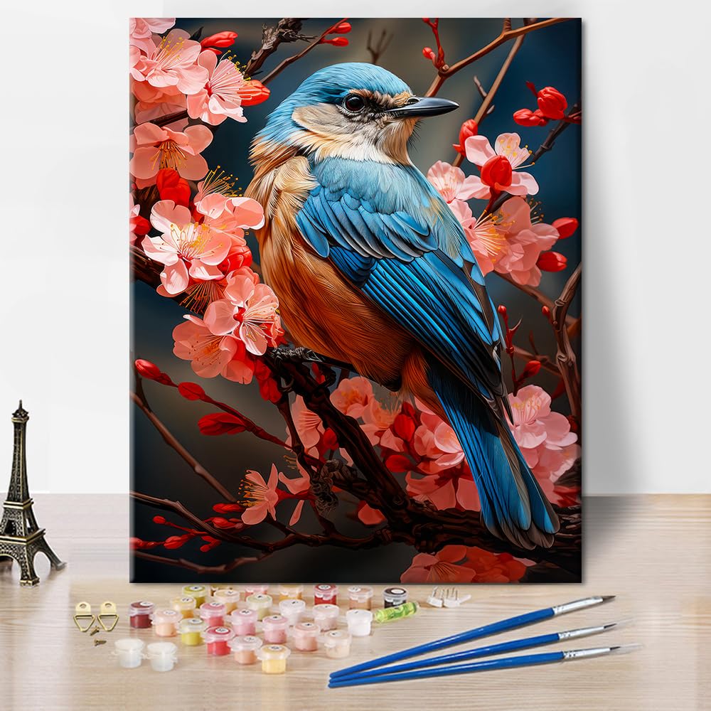 Amazon.com: Adult Paint by Numbers Blue Bird, Pink Flower Paint by ...