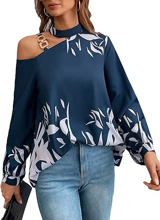 Floerns Women's Long Sleeve Cold Shoulder Chain Strap Plants Print ...