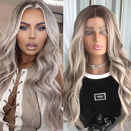 Amazon.com : DolmaX Body Wave Wig Ombre Ash Blonde Highlight Synthetic ...