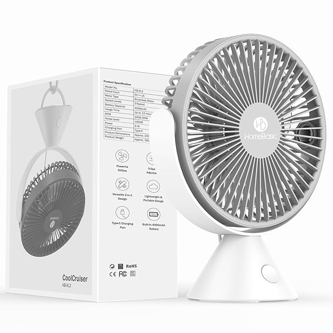 HOMEBASIC Rechargeable Mini Desk Fan, 3-Speed 2400 RPM Brushless Motor ...