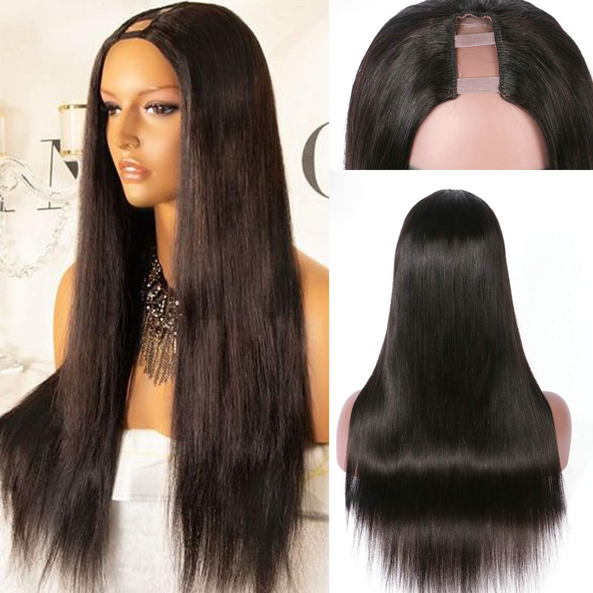 Amazon.com : 7A 16" Natural Color Silky Straight U Part Human Hair Wigs ...