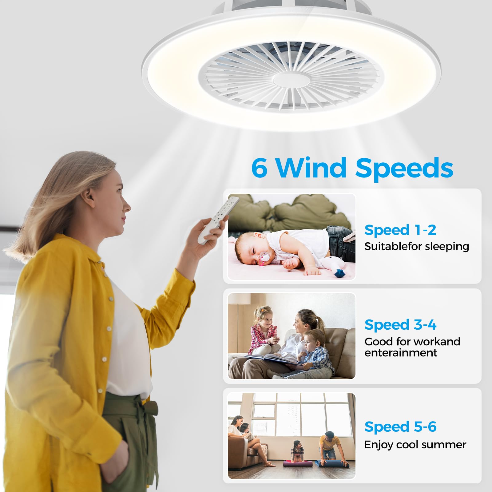22 Inch Ceiling Fan with Light Remote Control, Bladeless Bedroom ...