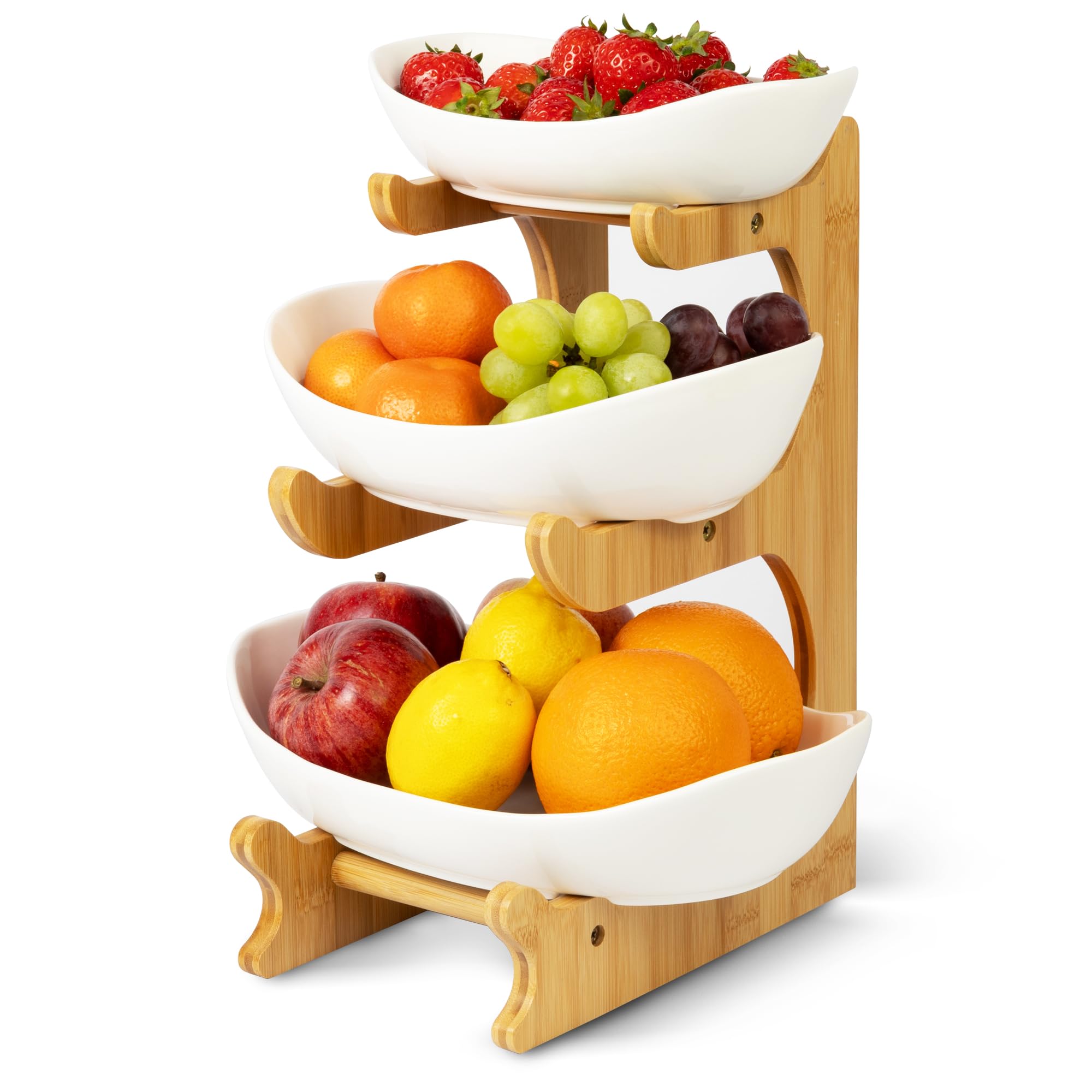 HEFTMAN 3 Tier Fruit Bowl Stand - 3 Sizes Ceramic Fruit Bowl and Bamboo ...