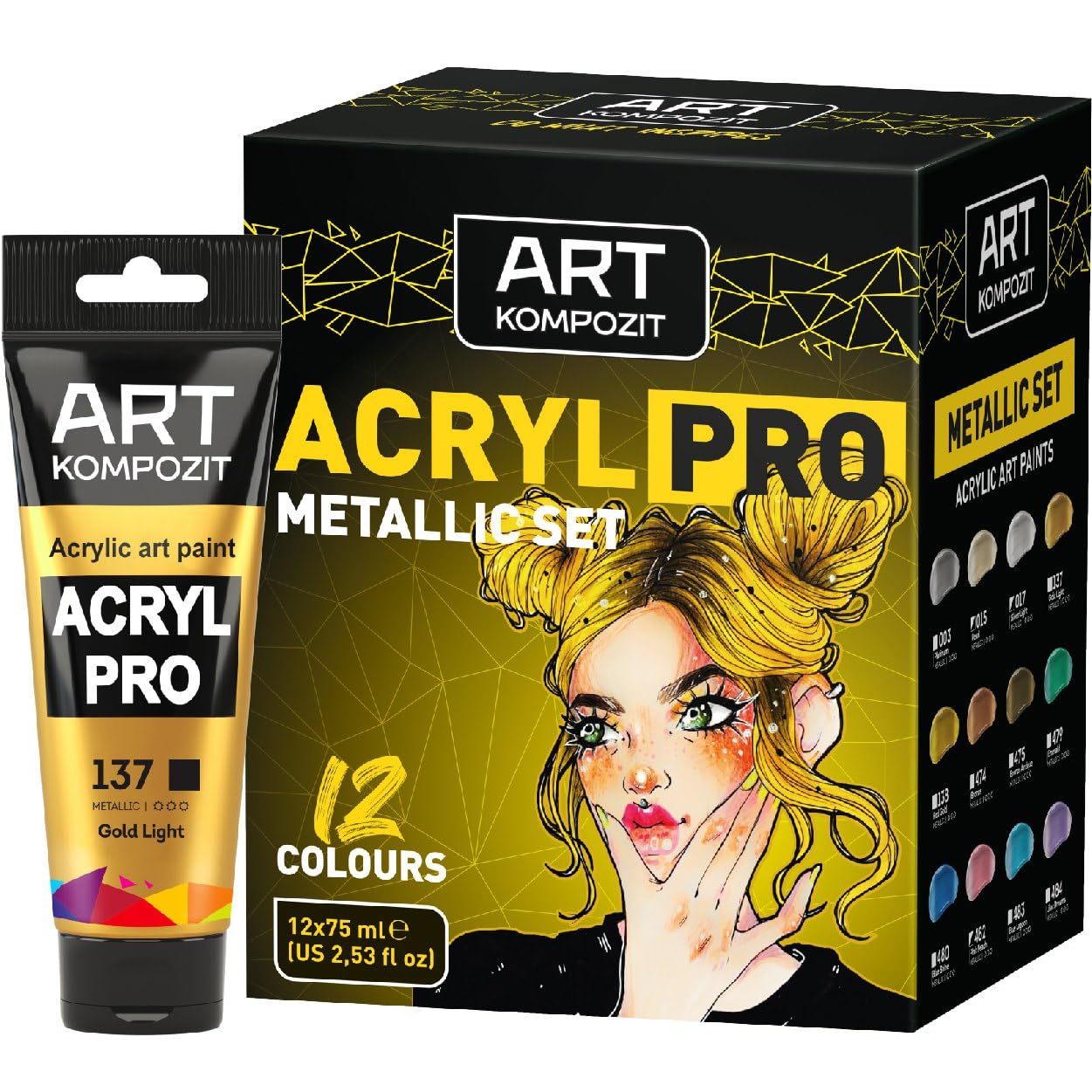 Amazon.com: METALLIC Professional Soft Body Acrylic Paint Set 12 x 75 ...