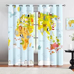 Amazon.com: SOZIUFI World Map Curtains for Kids Room, Cartoon Colorful ...