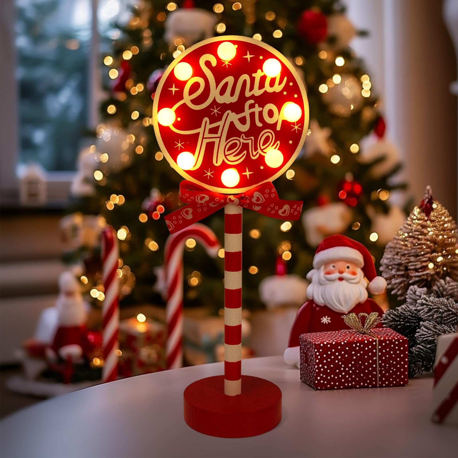 Amazon.com: WOODENFUN Christmas Santa Stop Here Sign, Battery Powered ...