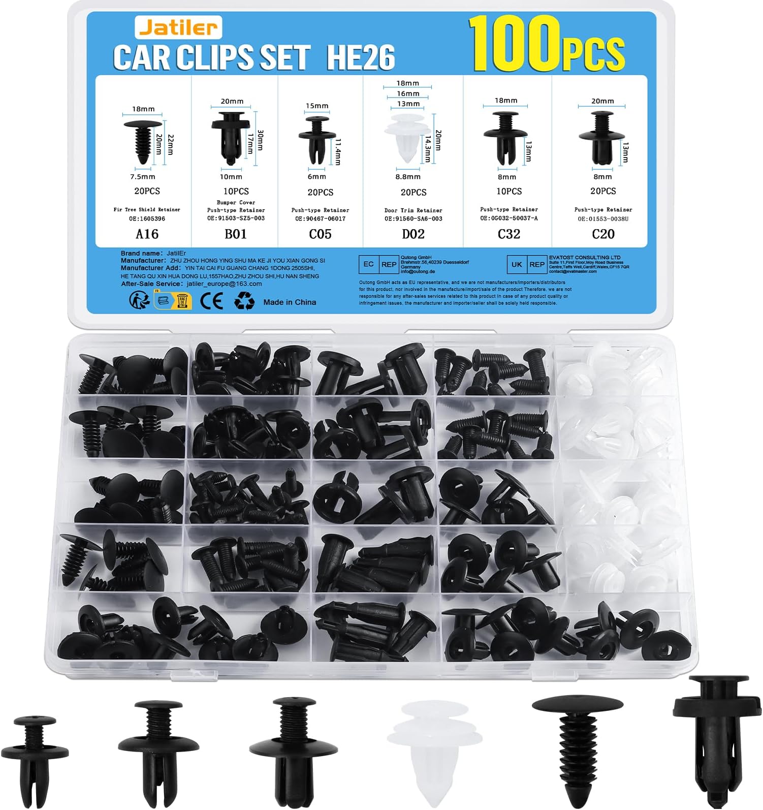 JatilEr 100 Pcs Car Body Trim Clips, Plastic Rivet Fasteners Universal ...