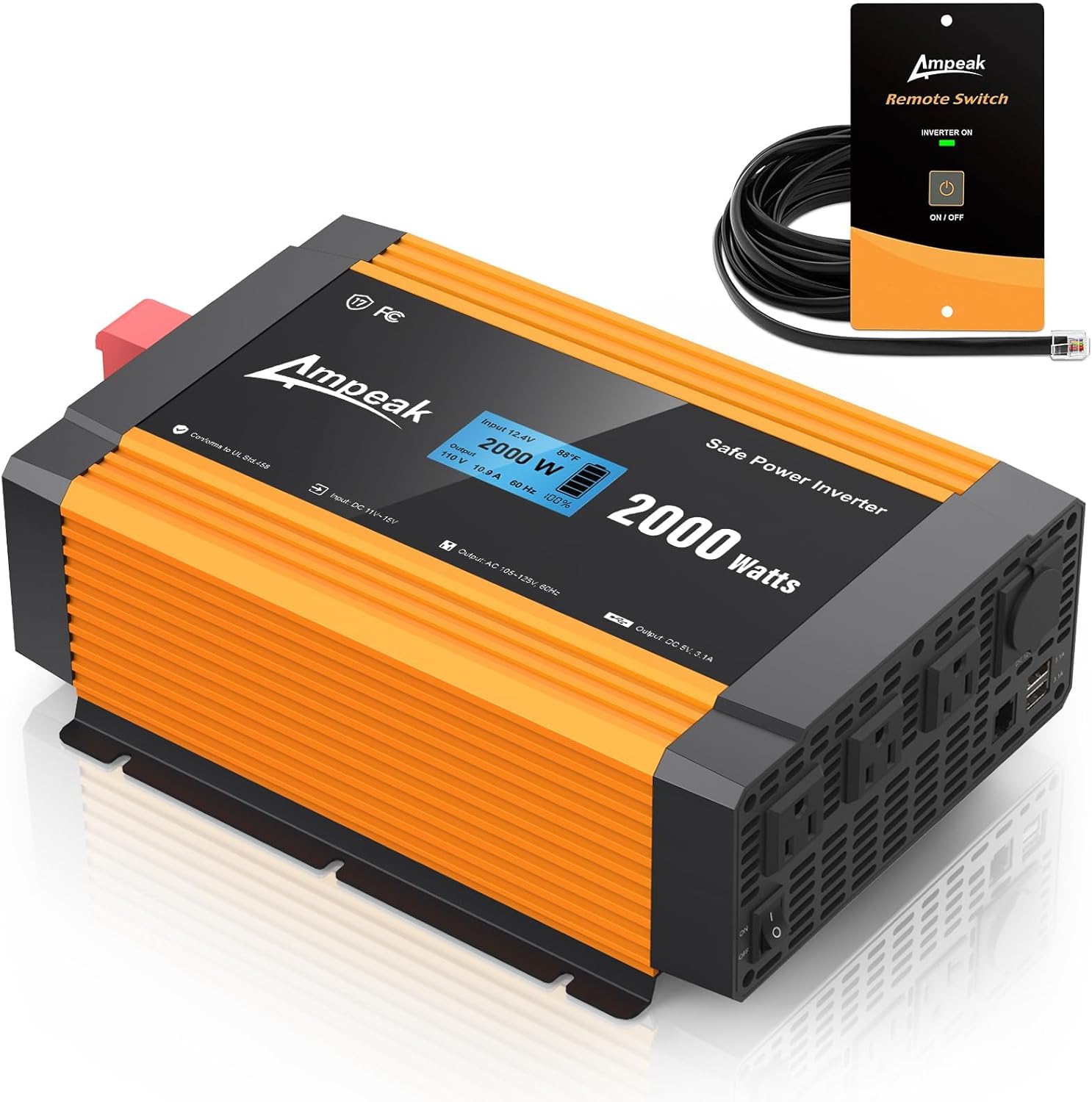 Ampeak 2000W Power Inverter with Remote, 3AC Outlets 6.2A USB Ports ...