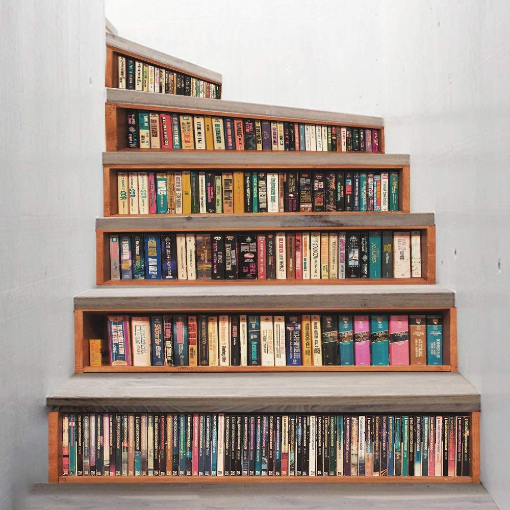 3D Bookcase Stair Stickers Simulation Bookshelf Wall Stair Stickers for ...