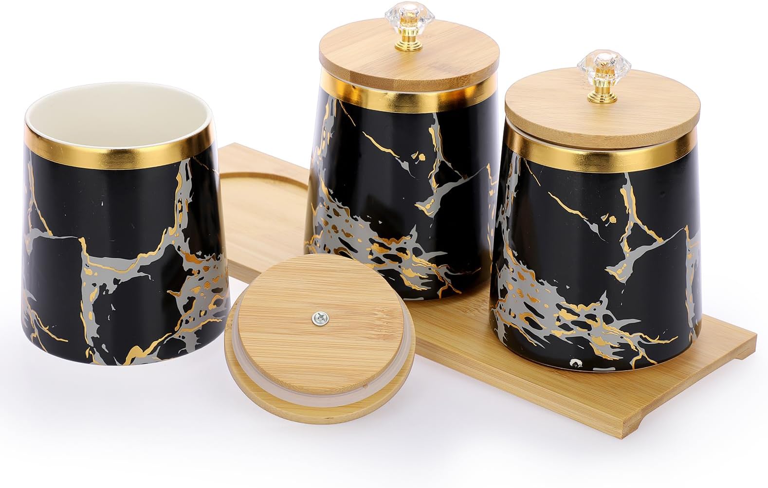 BTSKY Black Ceramic Canister with Wood Lid and Tray - Airtight 3pcs ...