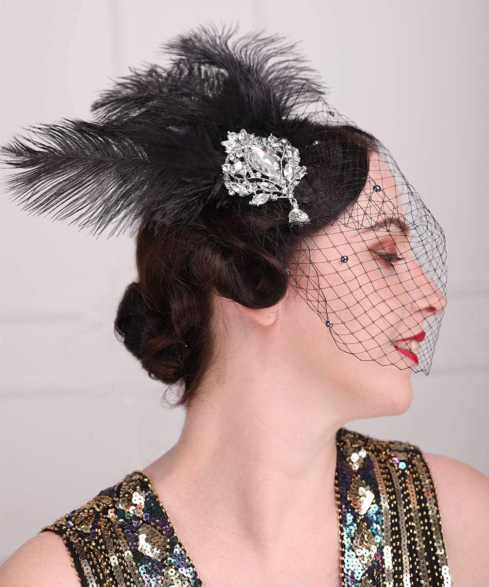 Aimimier 1920s Flapper Feather Headpiece with Black Birdcage Veil Pearl ...