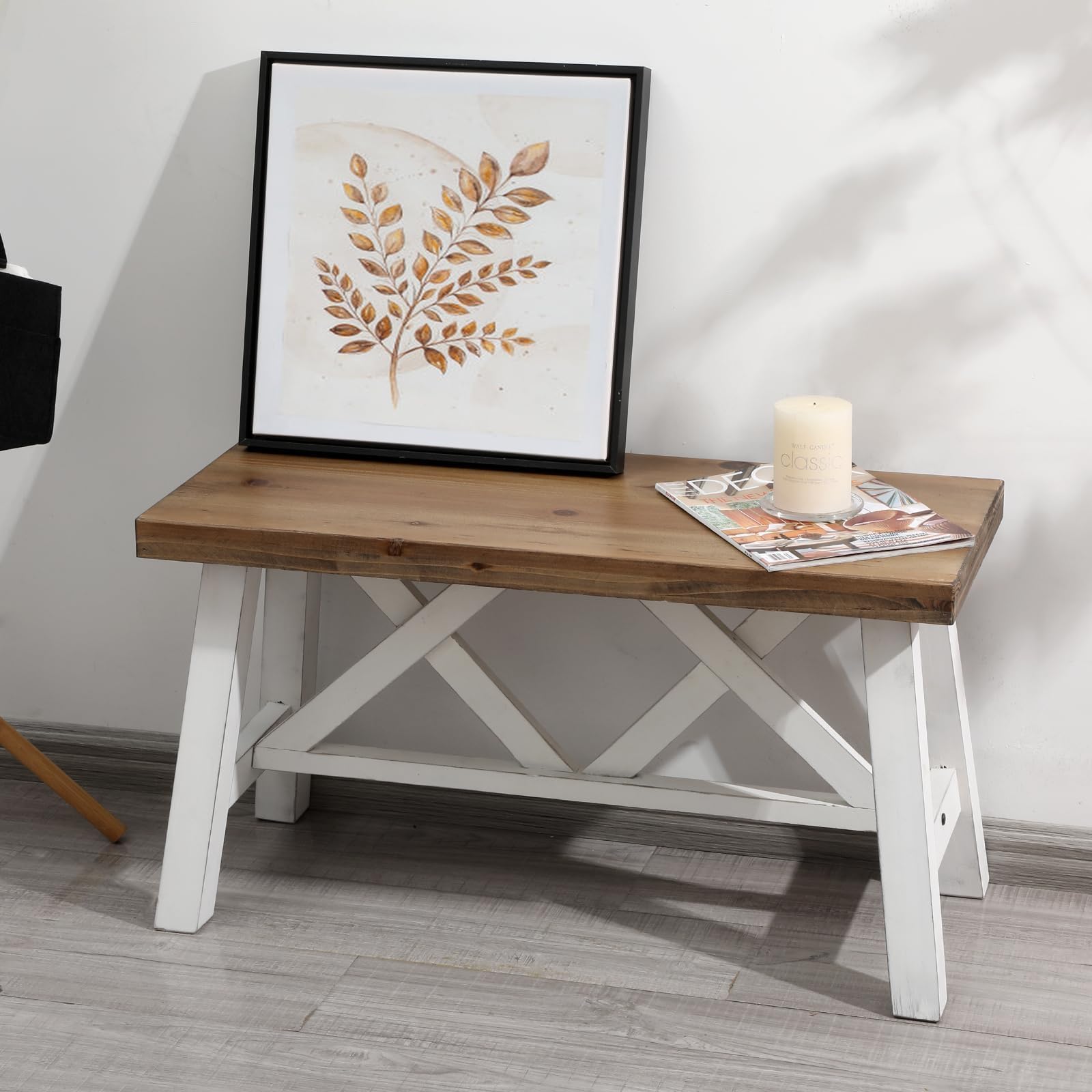 Amazon.com - Wnutrees 30" Farmhouse Wood Bench, Rustic Solid Wood ...