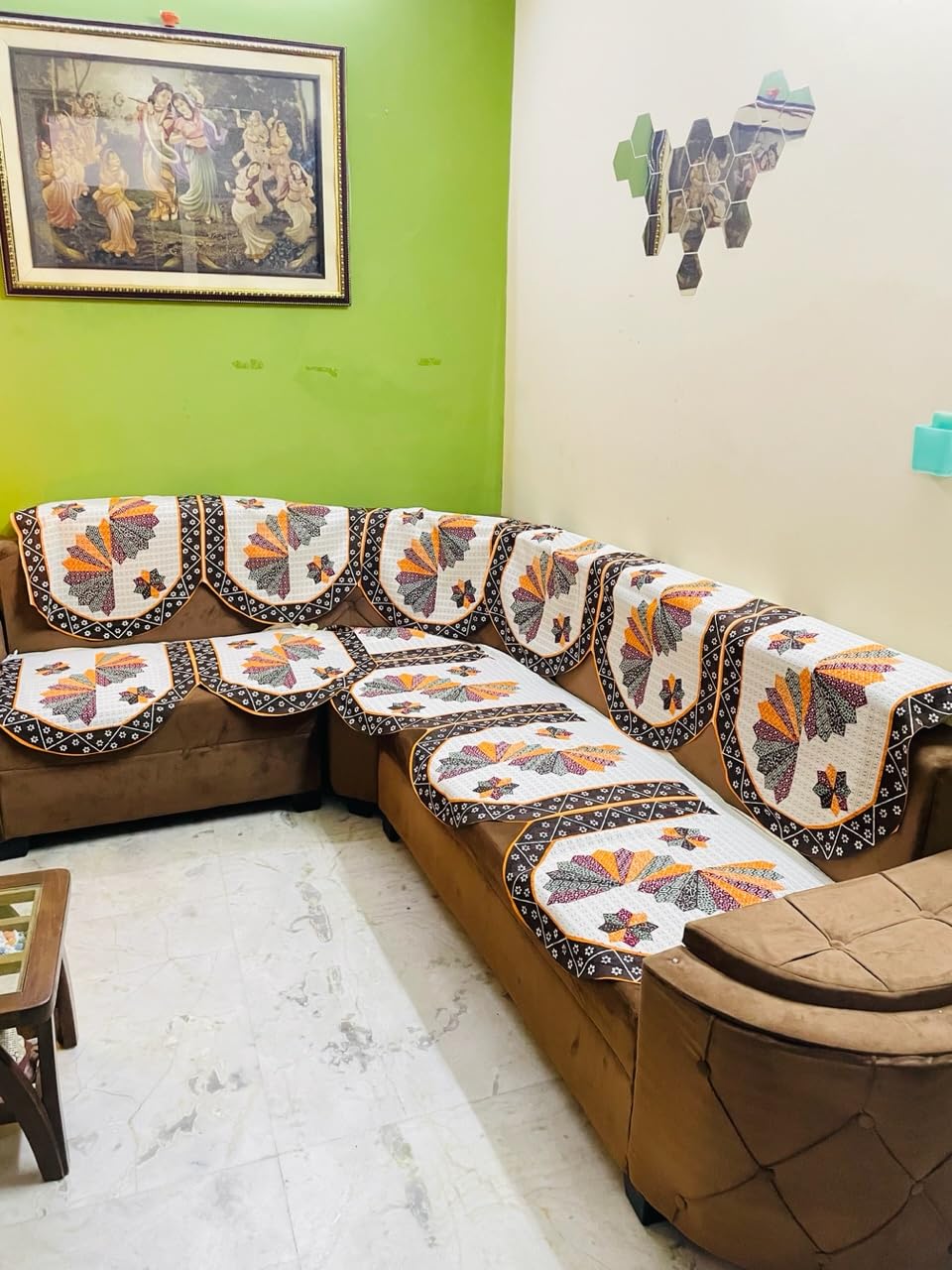 BALLEY Floral Design L Shape net Sofa Cover 7 Seater Sofa Cover for L ...