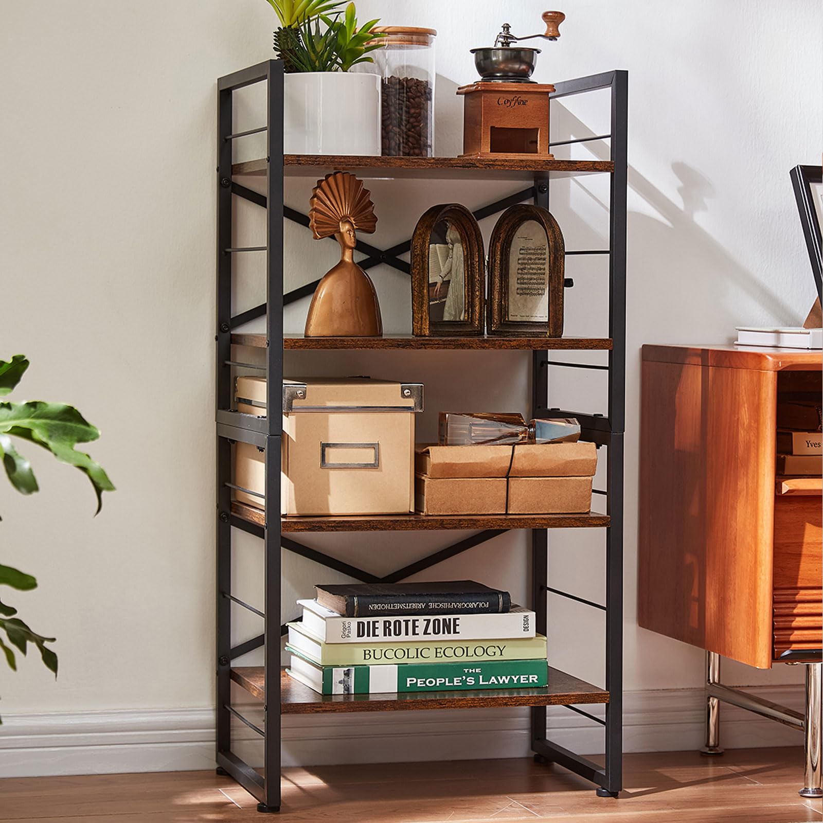 Amazon.com: KKN Book Shelf, 4 Tier Industrial Book case, Metal & Wood ...