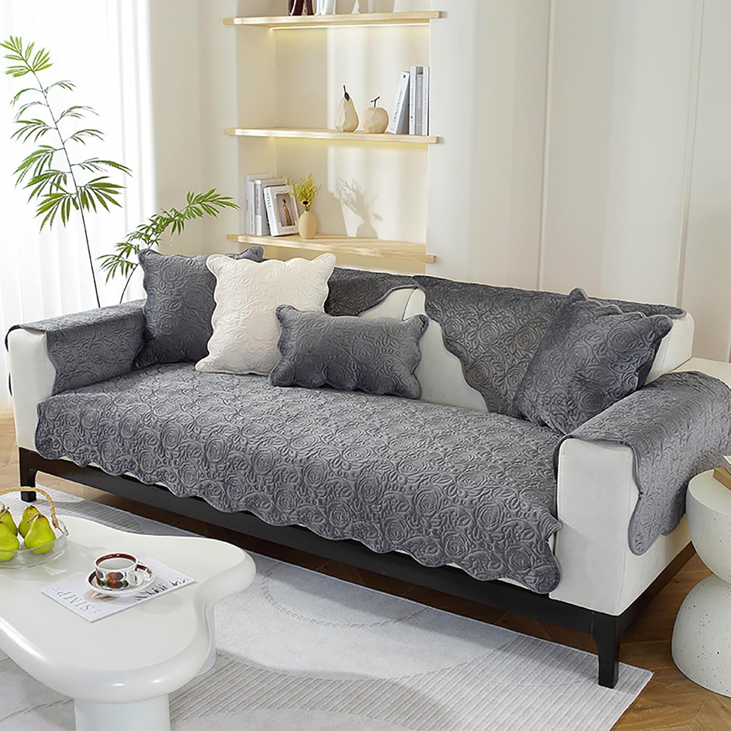 Amazon.co.jp: KCCRHIN Rose Velvet Sofa Cover Pure Color Wavy Edge Sofa ...