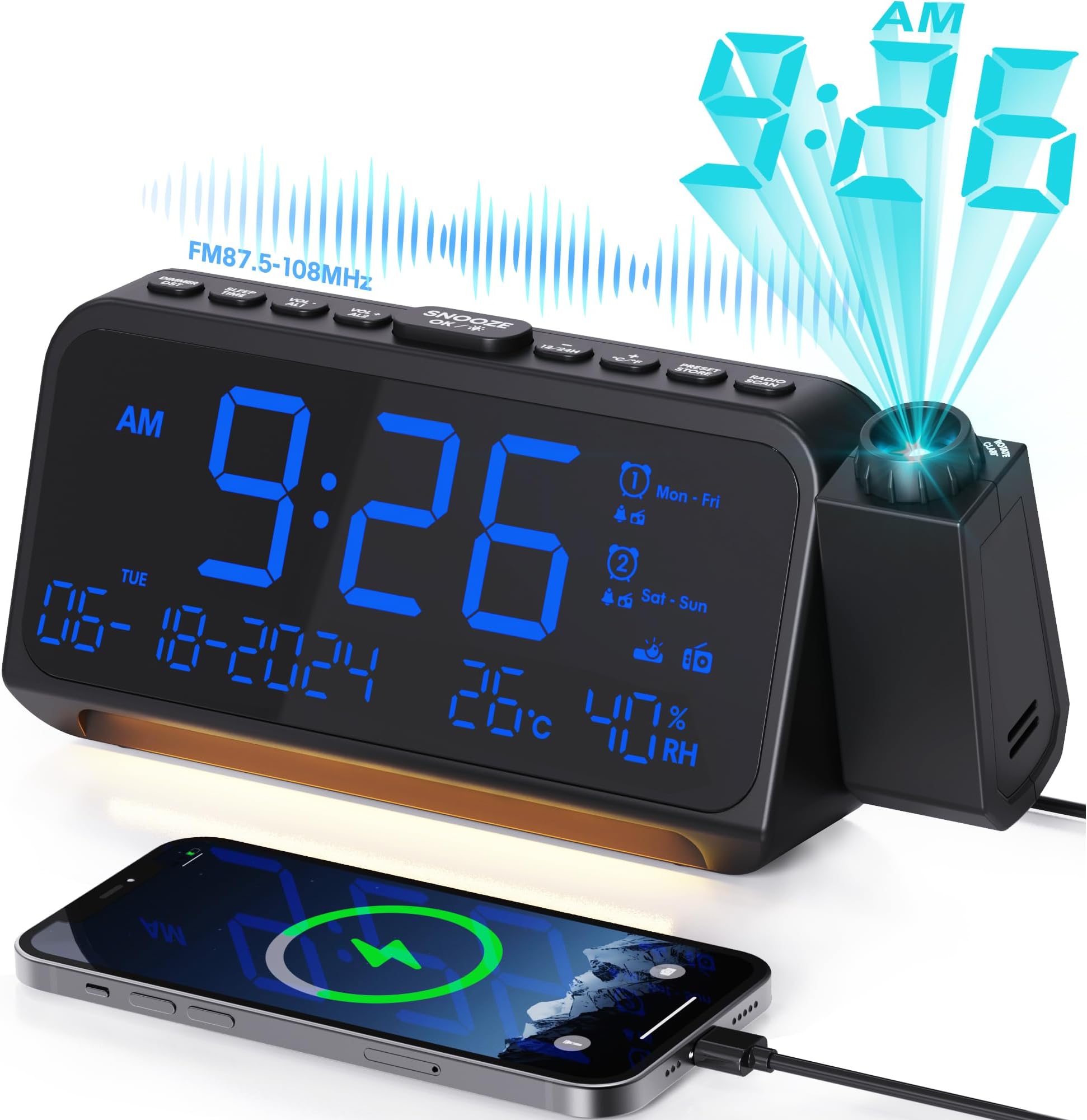 LED Projection Alarm Clock, FM Radio Clock with Projector, Digital ...