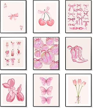 Amazon.com: Ucninvd Pink Bow Wall Art Posters Set of 9 Trendy Coquette ...
