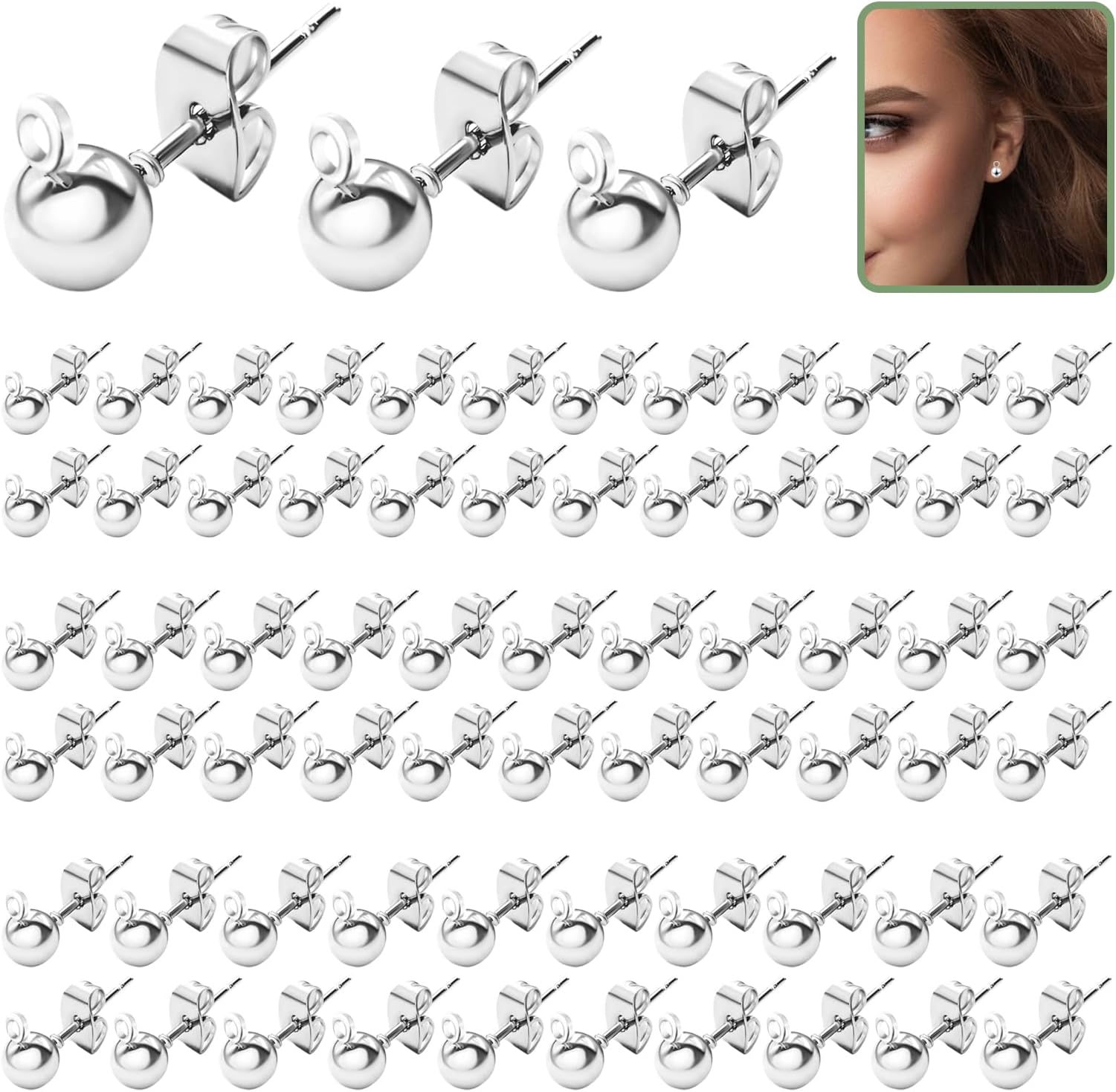Amazon.com: 120Pcs Ball Earring Posts Stud with Loop, Hypoallergenic ...