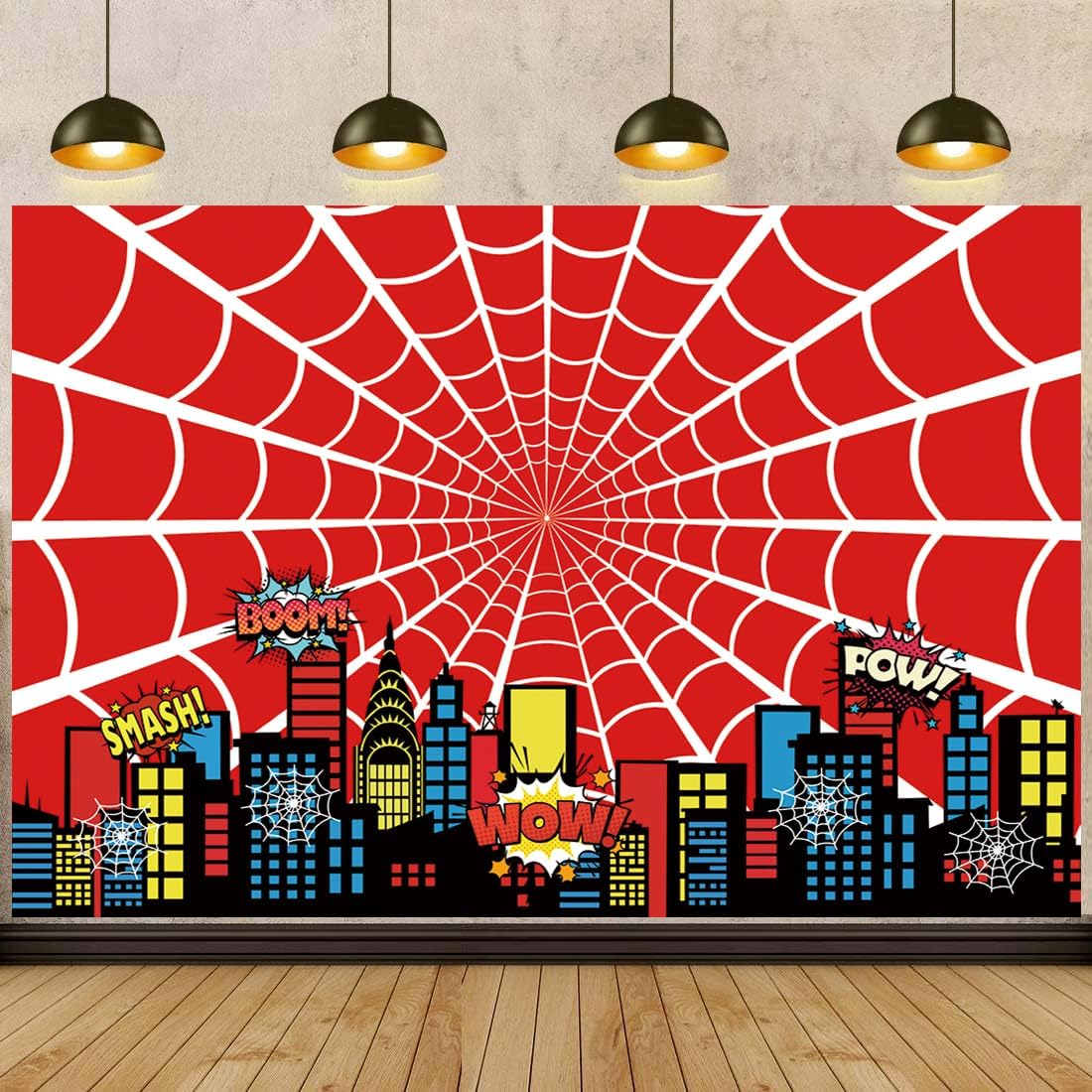 Amazon.com : Red Spider Web Backdrop 8x6FT Cartoon City Super Heros ...