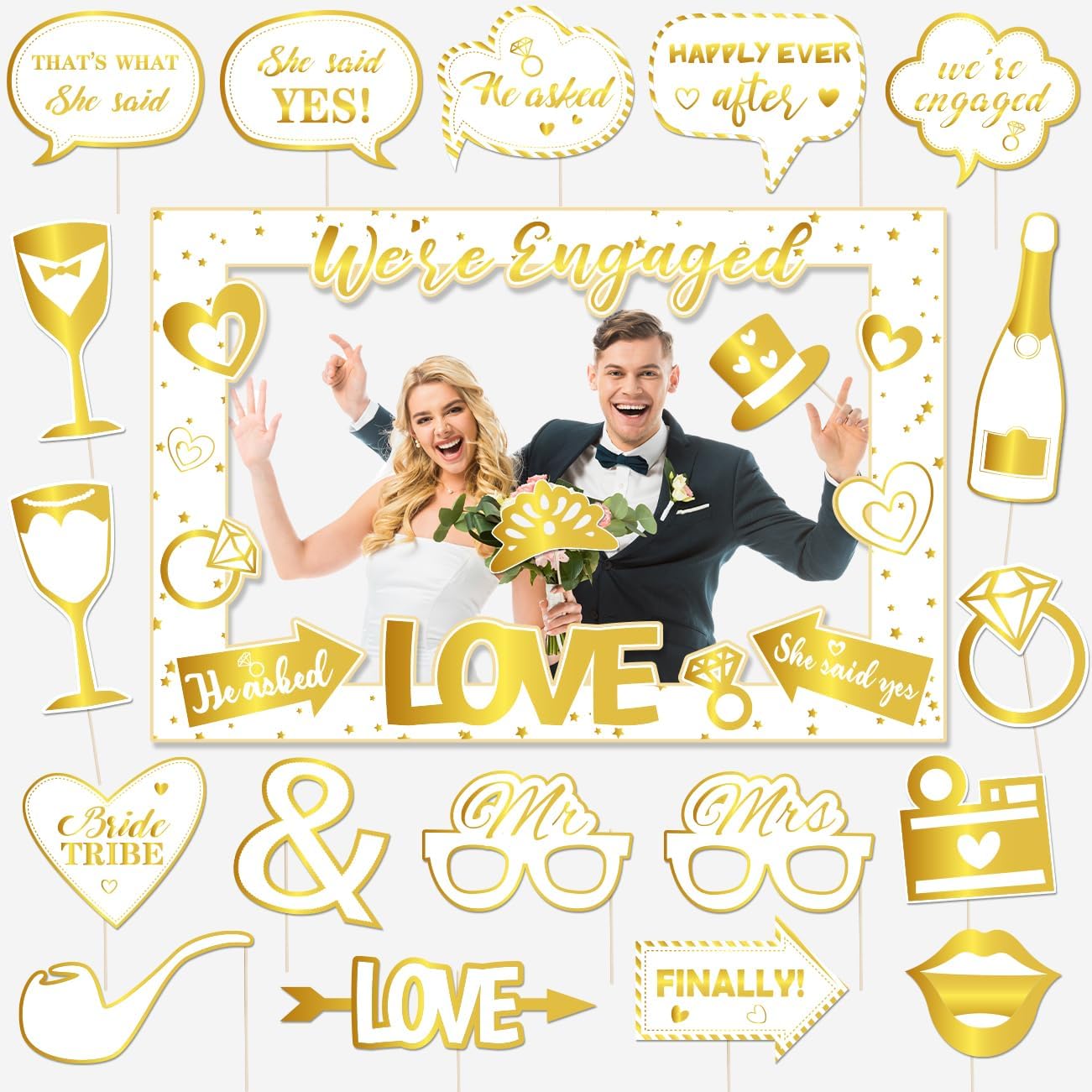Amazon.com: Engagement Party Decorations - Gold Engagement Photo Booth ...